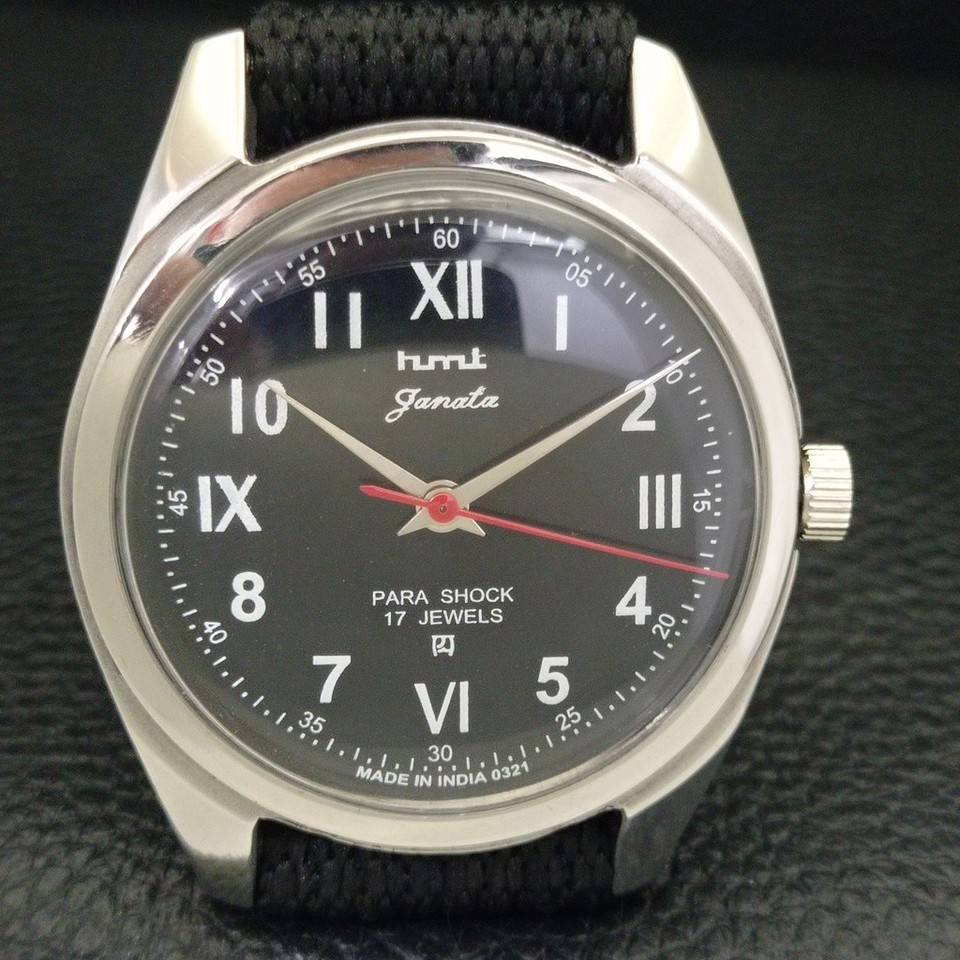 HAND-WINDING VINTAGE HMT JANATA INDIAN MENS BLACK COLOR DIAL WATCH ...