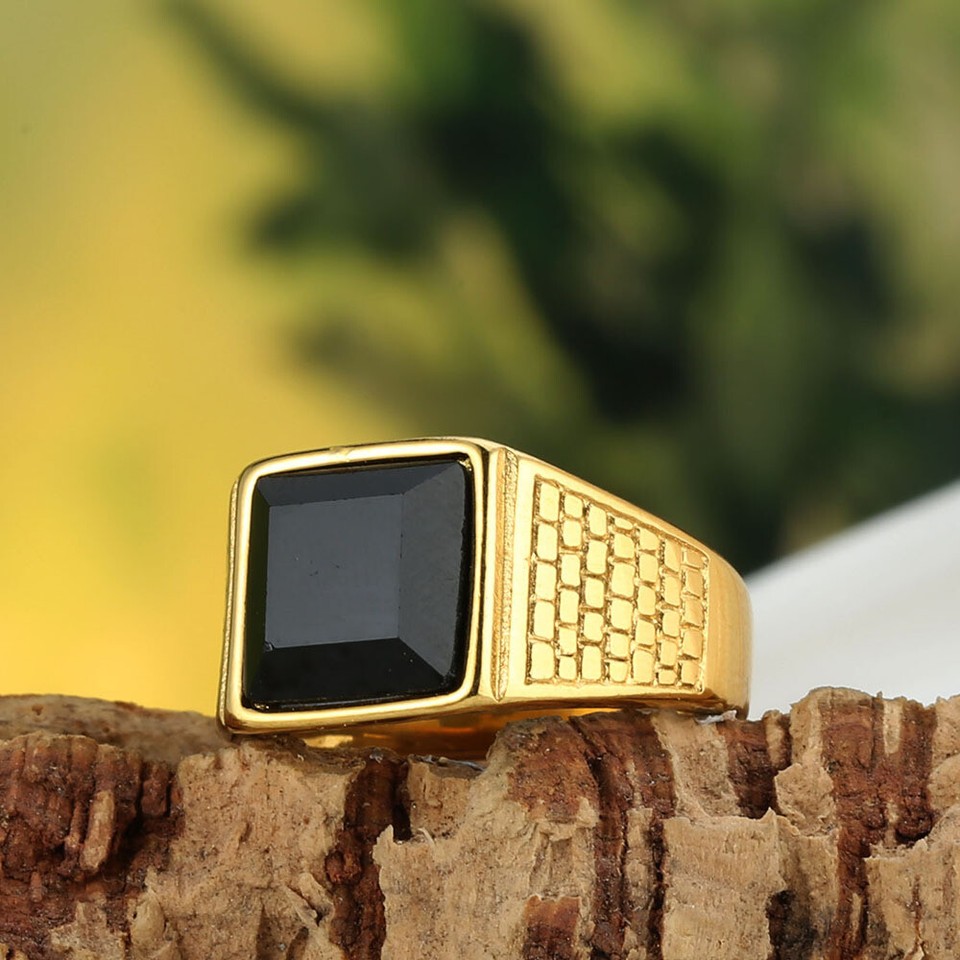 Men Women Square Stone Signet Ring Stainless Steel Pinky Statement Size ...