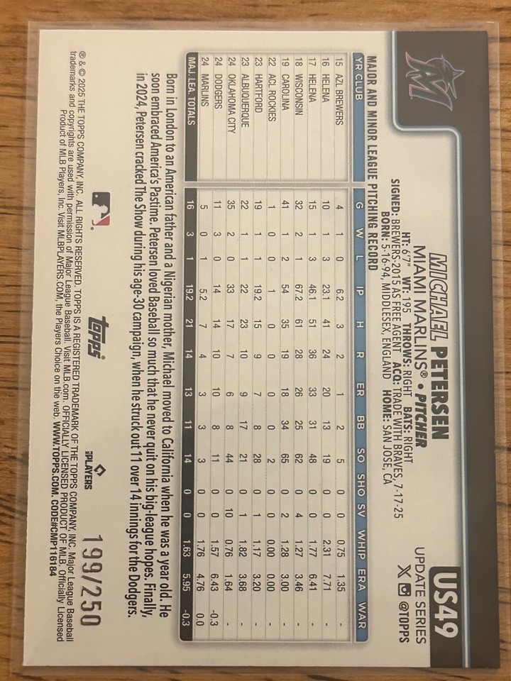 ⚾️💜 2025 Topps Update Michael Petersen RC Purple Rainbow Foil 199/250 ...
