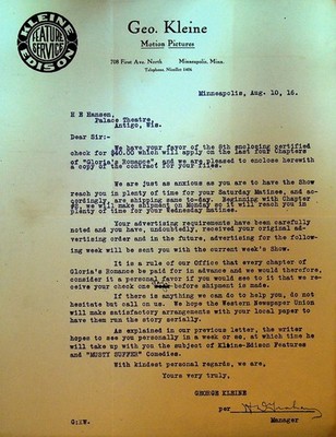 George Kleine Motion Pictures Letterhead August 10 1916 Gloria's ...