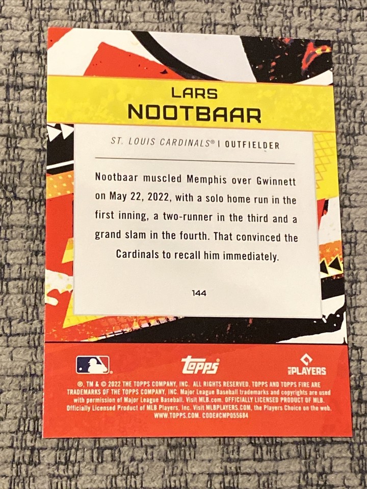 Lars Nootbaar Rookie Card RC 2022 Topps Fire Baseball Base Set #144 ...