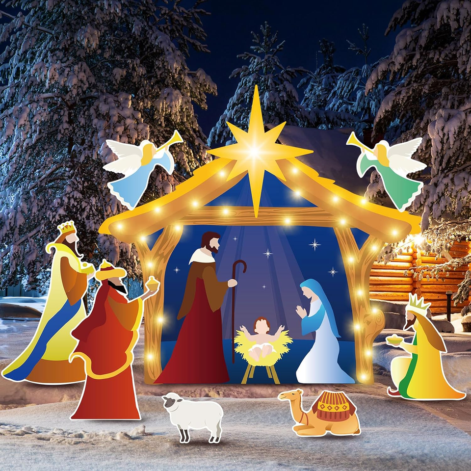 8 Pcs 44'' Lighted Nativity Scene Outdoor Christmas Large Nativity Yard ...