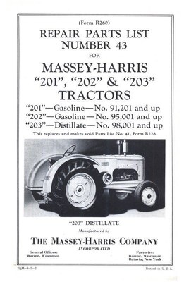 Massey Harris 201 202 203 Tractor Parts List Manual MH | eBay