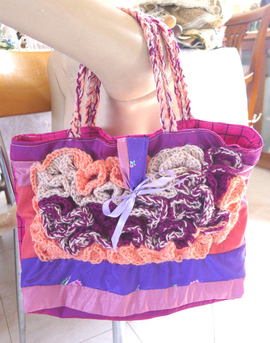 Handmade Bag Quilted + Crocheted Pink Purple Tote Depth 12 Bag Length ...