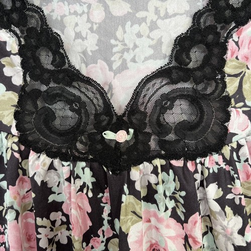 VTG Lorraine Medium Satin Gown & Robe Set Pink Floral Black Lace Made ...