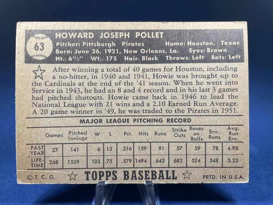 1952 Topps Baseball Card Howie Pollet #63 Pittsburgh Pirates | eBay