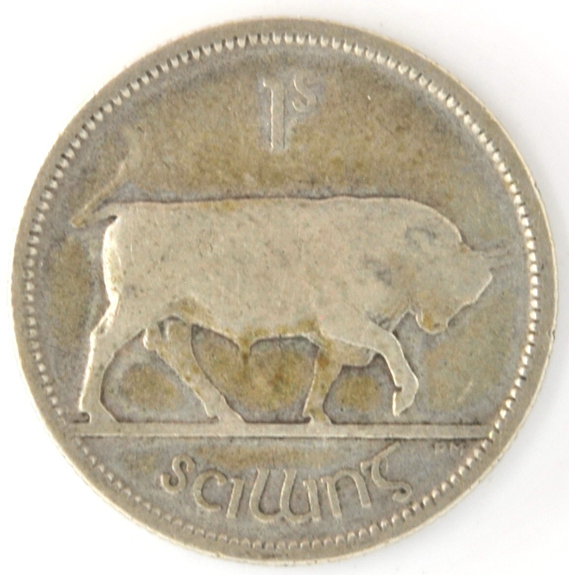 1928 Ireland One Shilling .750 Silver Coin KM# 6 Bull First Year Issue ...