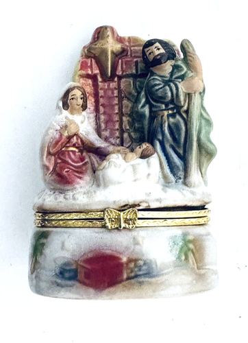 Nativity Scene Ceramic Hinged Trinket Box Joseph Mary Baby Jesus ...