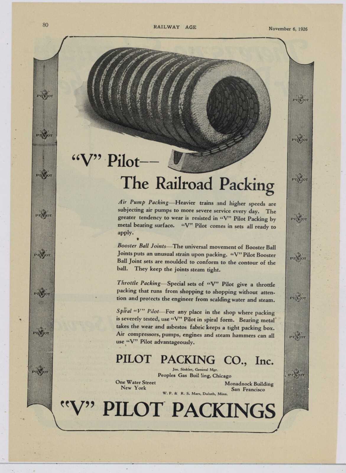 1926 Pilot Packing Co. Ad: V Pilot Packing for Railroad Car Use ...