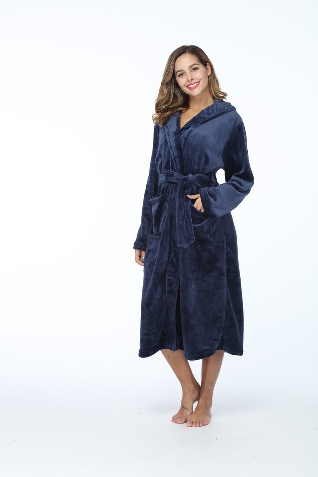 RONGTAI Womens Long Robes Plush Fleece Nightgown Thick Hooded Bathrobe ...