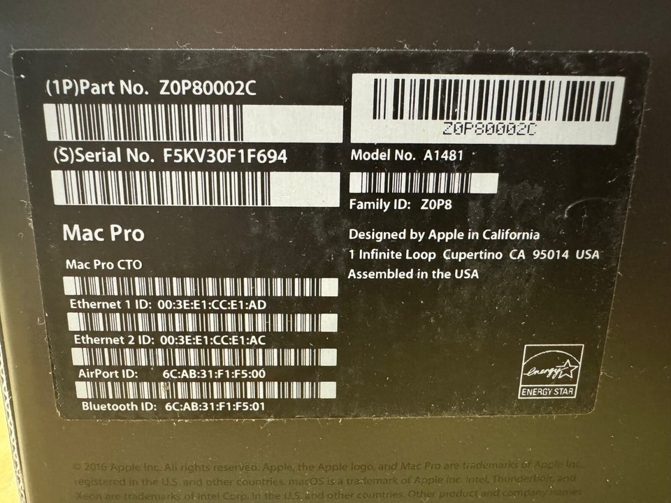 Apple Mac Pro A1481 3.5GHz 6-Core Intel Xeon E5 16GB 1TB Dual AMD ...