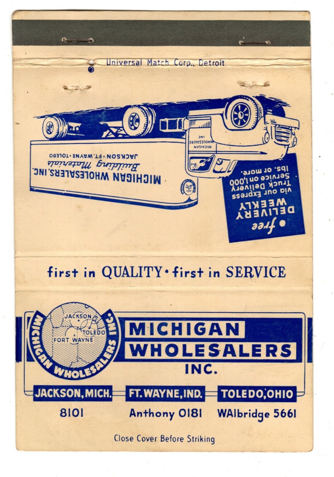 MICHIGAN WHOLESALERS INC matchbook matchcover - TRUCKING TRUCK | eBay