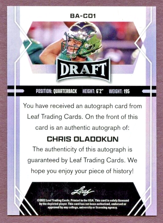2022 Leaf Draft & Prospects Autograph Blue Chris Oladoklin #BA-CO1 Chiefs | eBay
