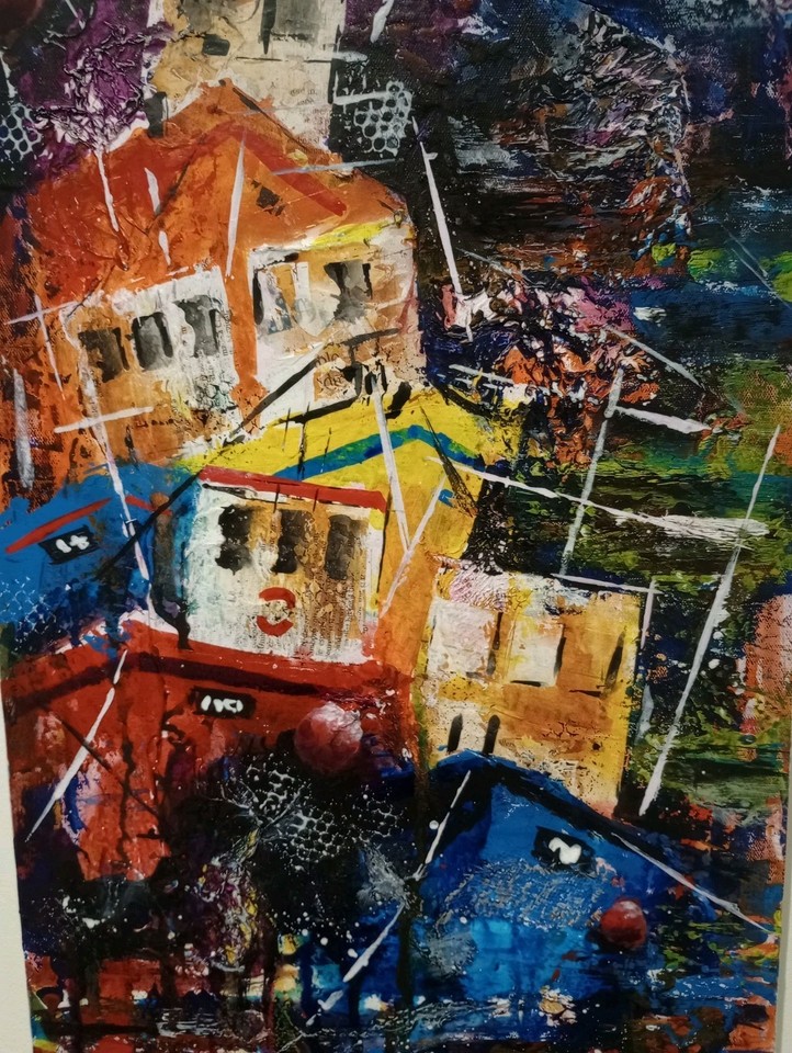 Original painting. Abstract harbour boats. Mixed media. 60x30cm | eBay UK