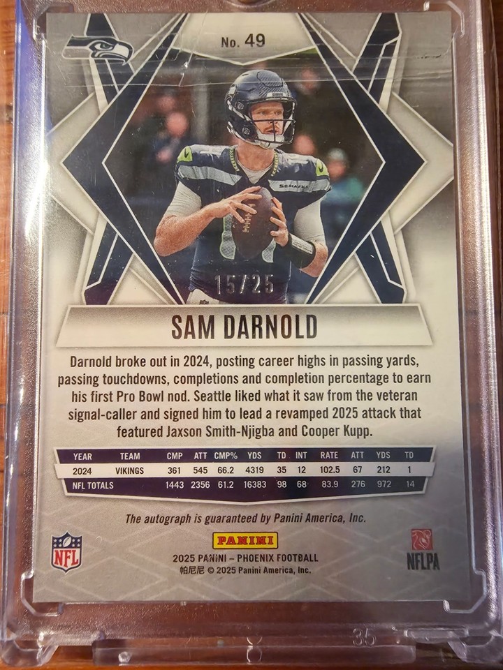 2025 Phoenix Sam Darnold Auto /25 Lazer Prizm Mosaic Holo Super Bowl ...