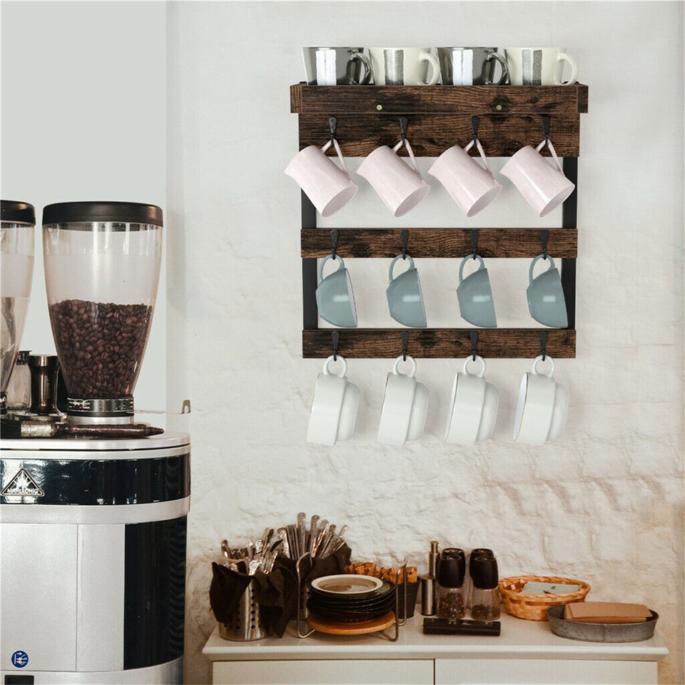 Rustic Distressed Wooden Mug Rack Wall Mounted with Shelf 12 Coffee Cup ...