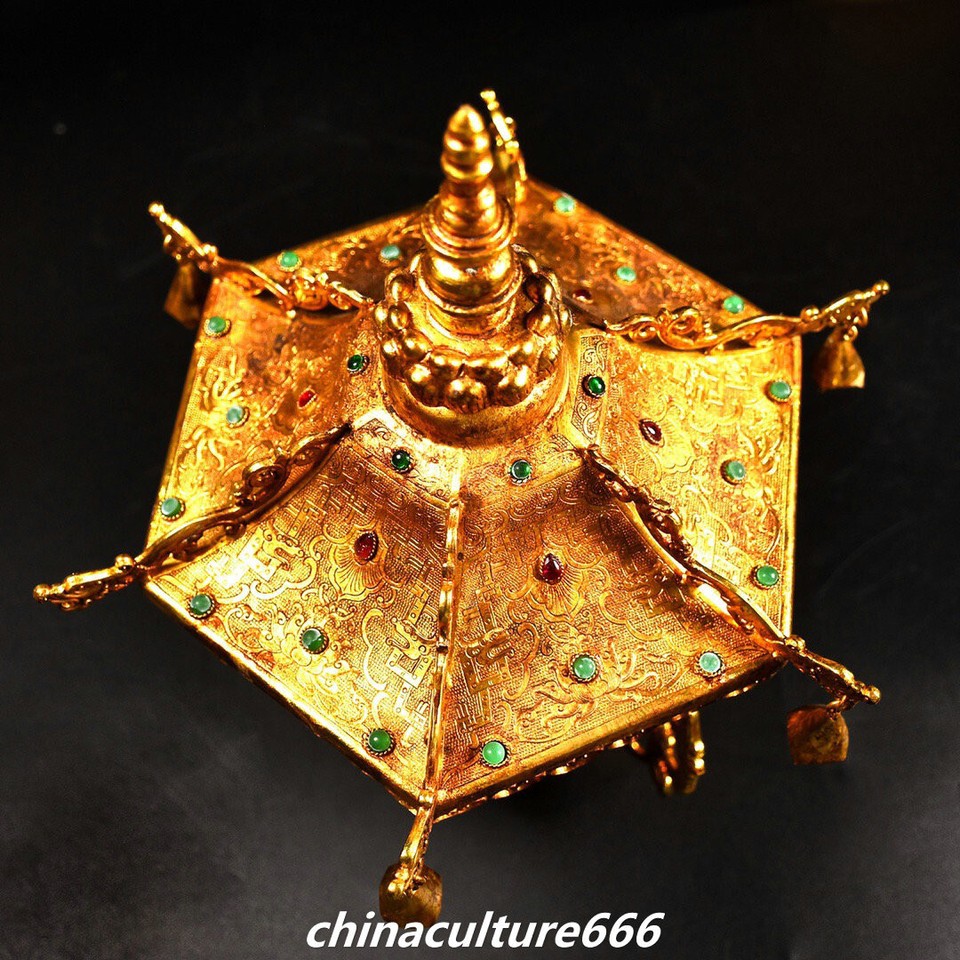 21" Qing Dy 24K Gold Gems Hollow Out Dragon Phoenix Beast Fish Pattern ...
