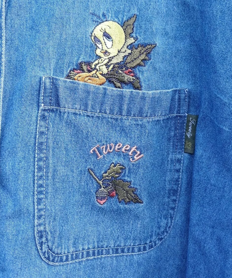 Vtg Looney Tunes Tweety Bird Denim Button Up Long Sle… - Gem