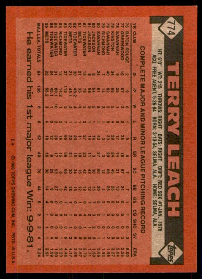 1986 Topps Baseball Card Terry Leach New York Mets #774 | eBay