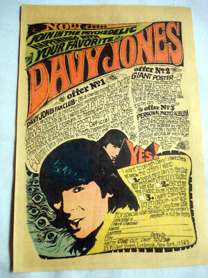 1968 Color Ad Davy Jones (Monkees) Psychedelic Poster, Fan Club and ...