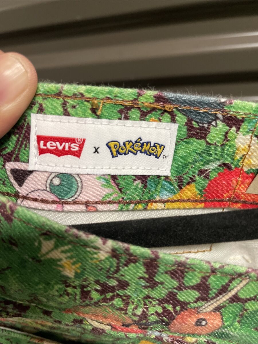 Men's LEVIS x Pokemon 551 Z Pants Denim Green Floral Cartoon Men's LEVIS x Pokemon 551 Z Pants Denim Green Floral Cartoon