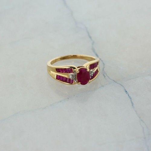 10K Yellow Gold Ruby Ring with Round and Baguette Diamond Accents Size ...