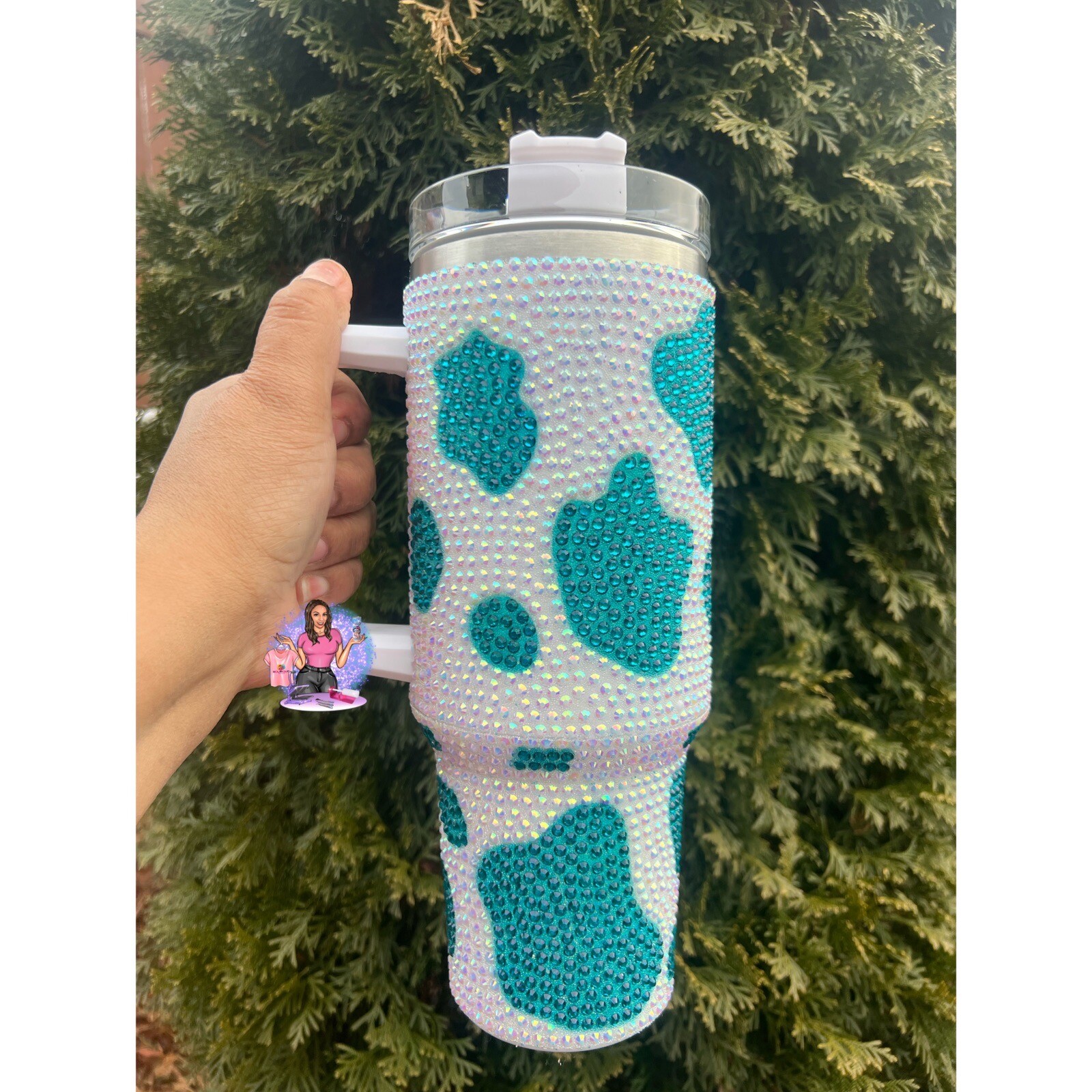40oz Rhinestone Cow Print Tumbler Turquoise w/Straw-Lid -Handle Bling ...