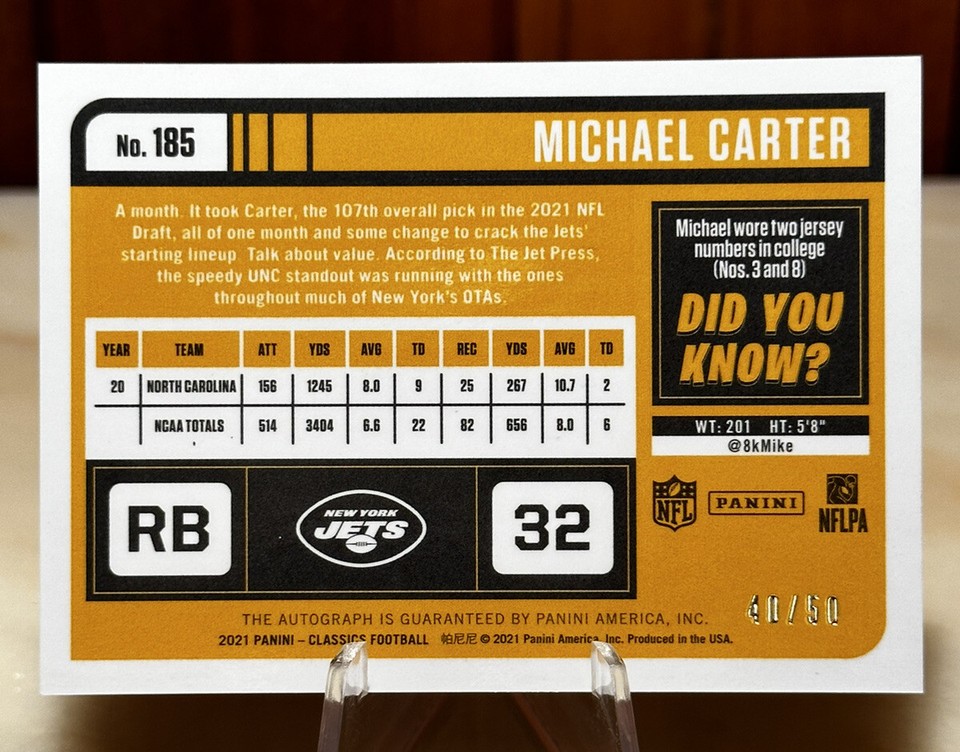2021 Panini Classics Michael Carter Rookie Gold Auto /50 RC #185 Jets | eBay