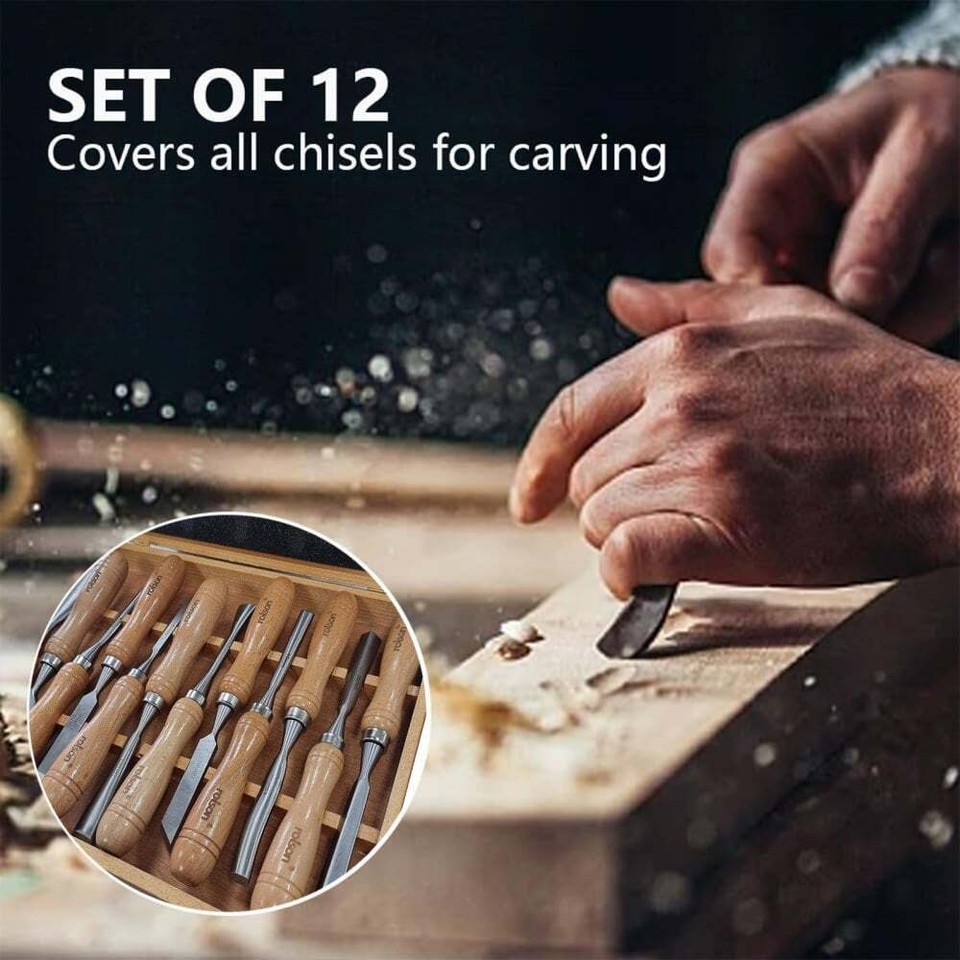 12 Piece Wood Chisel Carving Tool Set in Wooden Box CR-V Steel ...