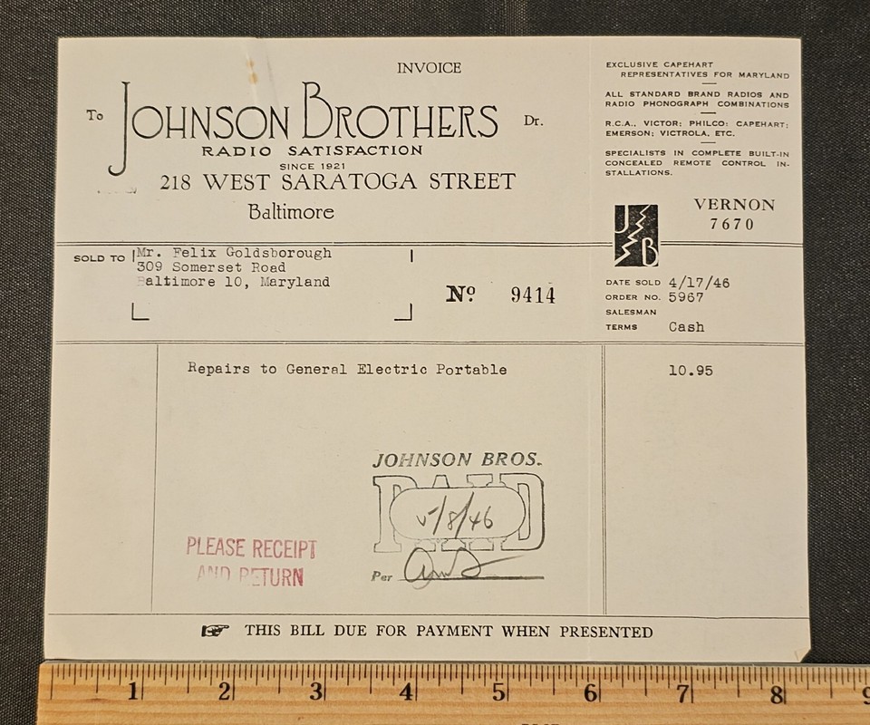 1946 Johnson Brothers Radio Repairs Billhead Receipt Baltimore, MD | eBay