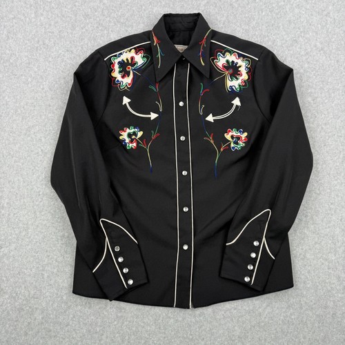 Vintage H Bar C Shirt Womens Small Black Floral 70 Pearl Snap Western ...