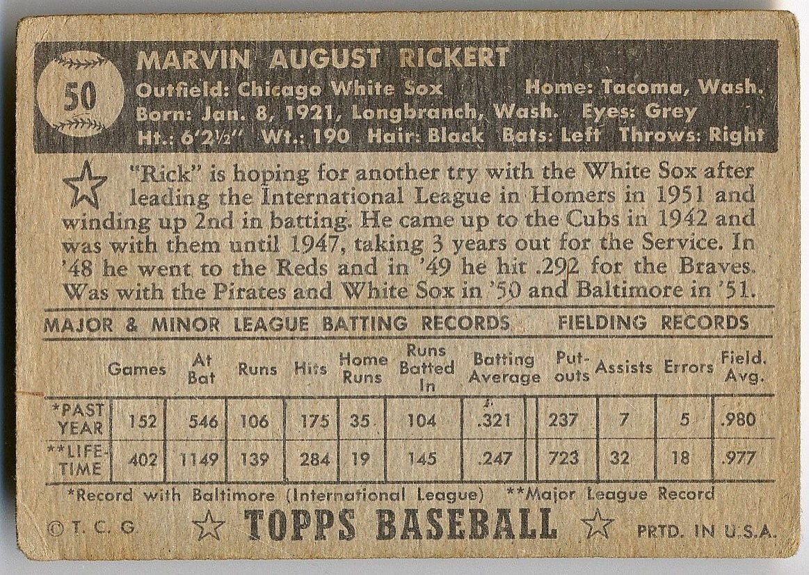 1952 TOPPS CHICAGO WHITE SOX MARV RICKERT #50 BLACK BACK | eBay