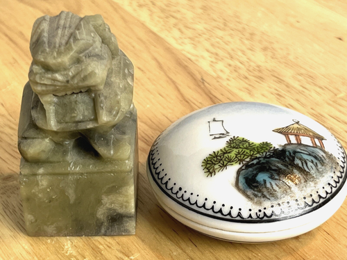 Vintage Asian Ink Pot w/red Ink and Green Stone Stamper of Lion | eBay