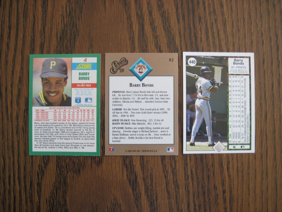 3 BARRY BONDS BASEBALL CARDS. 1989 UD,90 SCORE, & 92 STUDIO NRMT + | eBay