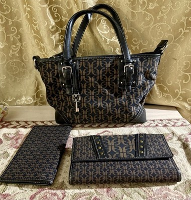 Vintage Fossil Signature Black Monogram Satchel Bag & Matching Wallet ...