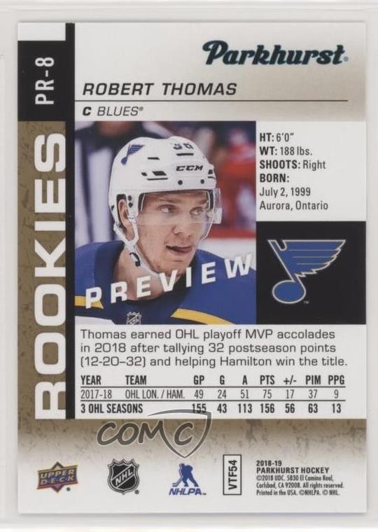 2018-19 Upper Deck Parkhurst Rookies Previews Gold Robert Thomas #PR-8 ...