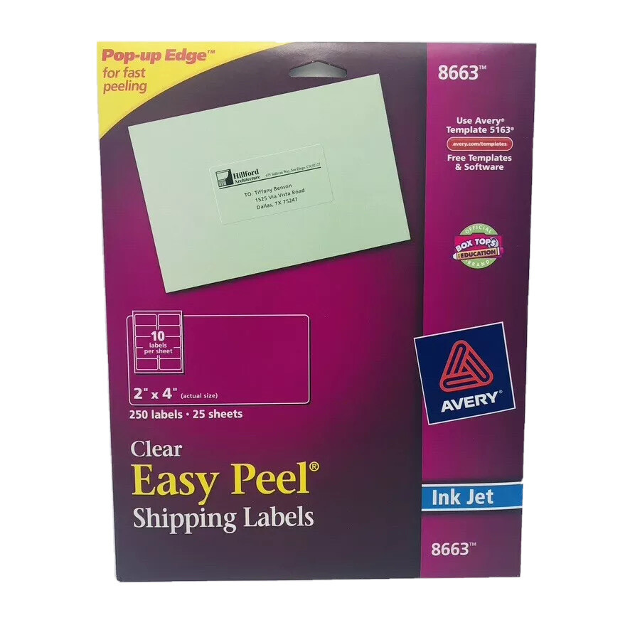 Avery 8663 Clear Easy Peel Shipping Labels 2"X4" 250 Labels 25 Sheets ...