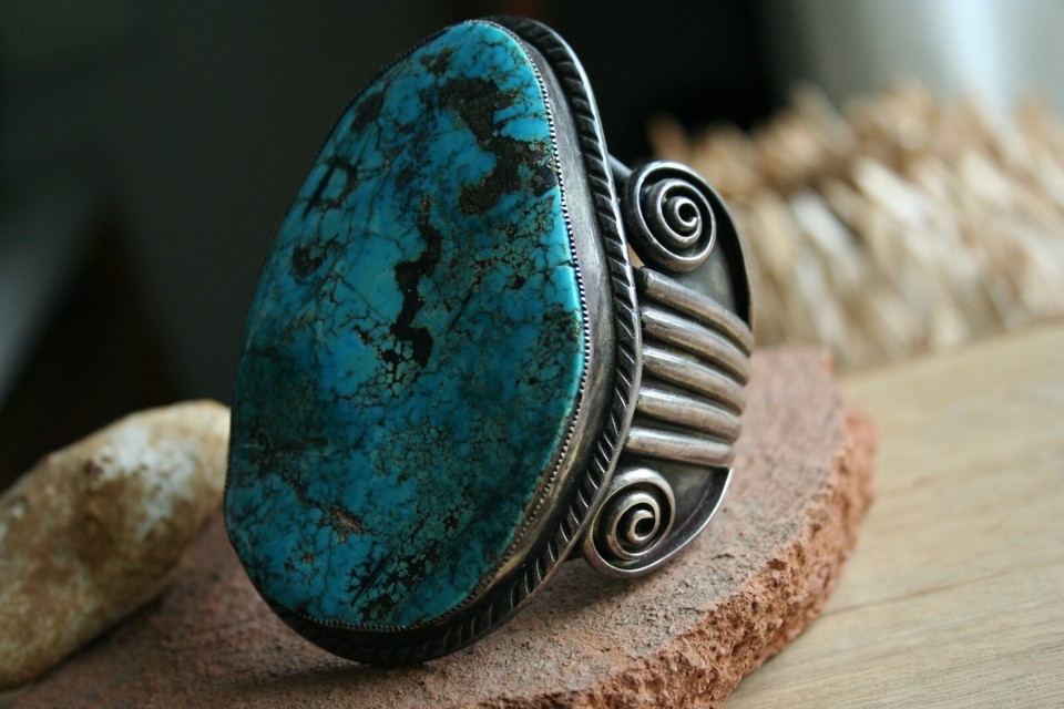 Vintage Native American Museum Gem Quality Turquoise Slab Sterling Cuff ...