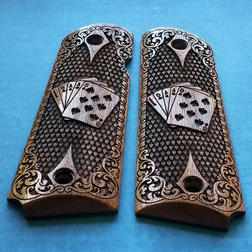 1911 custom 3D engraved walnut wood grips Scroll Dead Man Hand Cards ...
