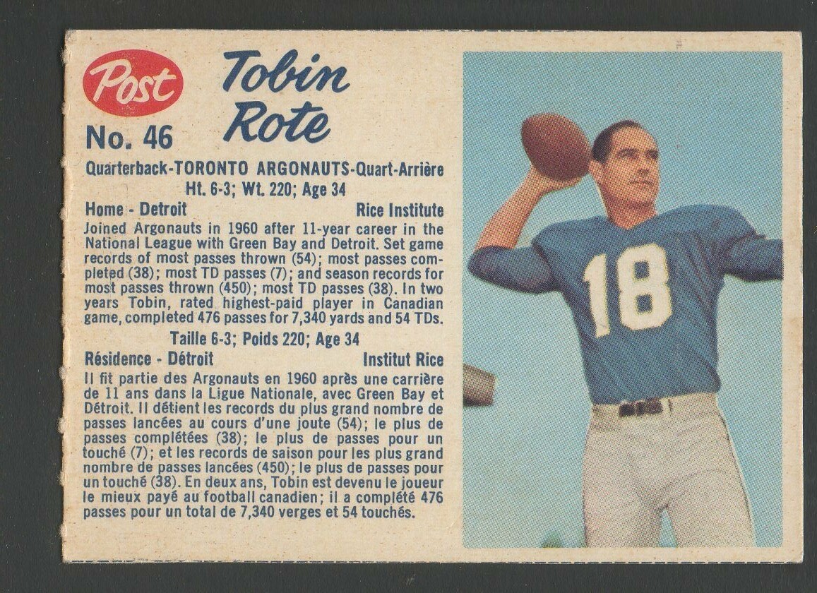 1962 Post Canadian Football Card #46 Tobin Rote-Toronto Argonauts Ex ...