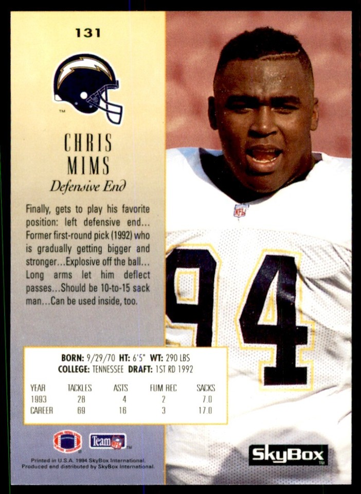 1994 Skybox Chris Mims San Diego Chargers #131 | eBay