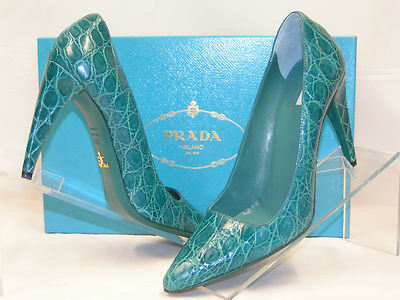 NEW PRADA TURQUOISE CROCODILE CURVE HEEL CLASSIC POINTED TOE PUMPS 38 ...