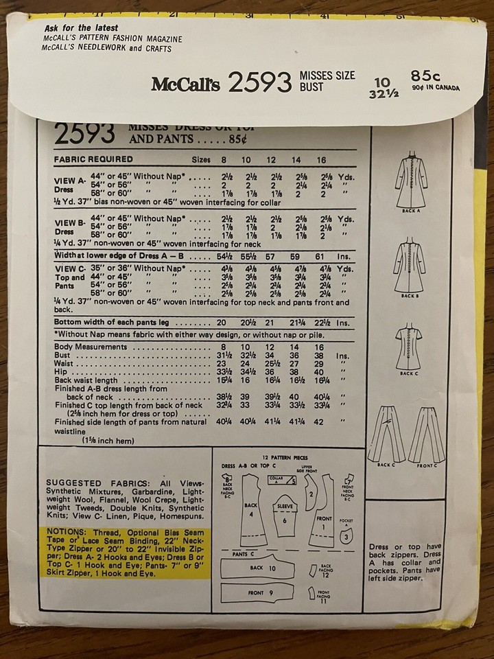 Vtg 70's McCall's 2593 UNCUT Pattern Misses MOD Hippie Dress Pants Top ...