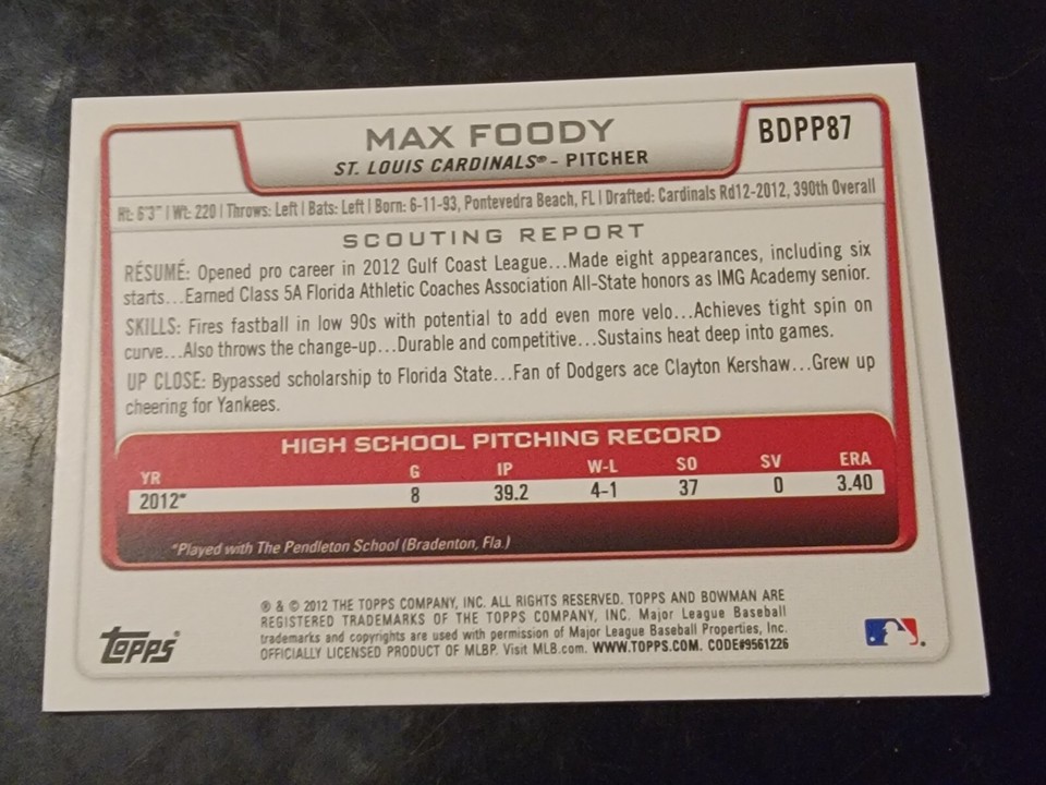 2012 Bowman Baseball #BDPP87 Max Foody *BUY 2 GET 1 FREE* | eBay
