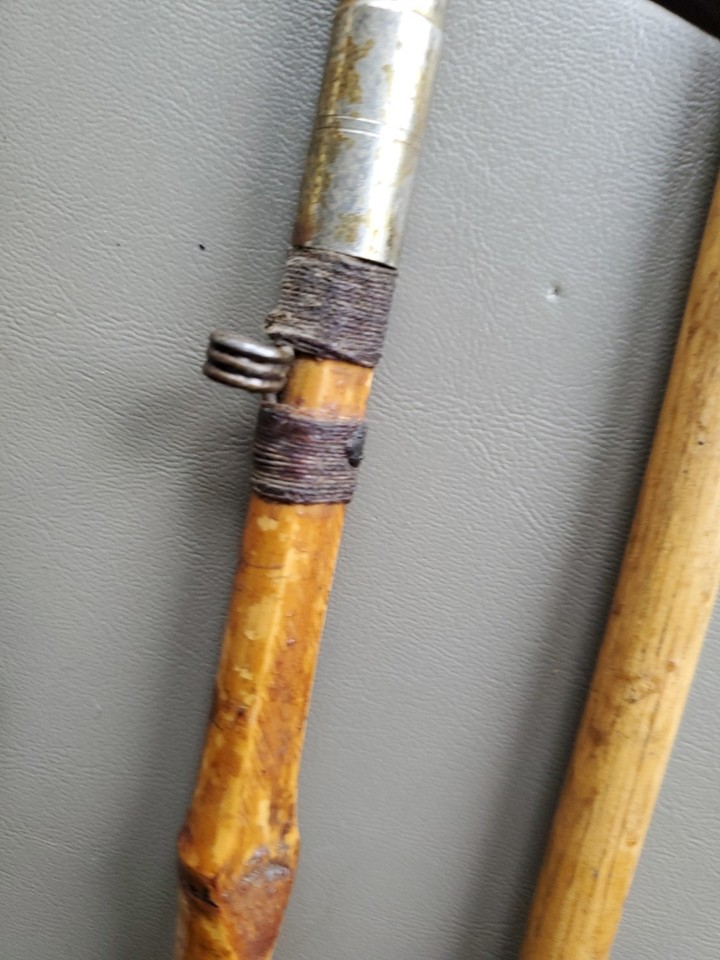 Vintage Bamboo Cane Pole Fishing Rod 4 Piece 12Ft with Eyelets and Wood ...