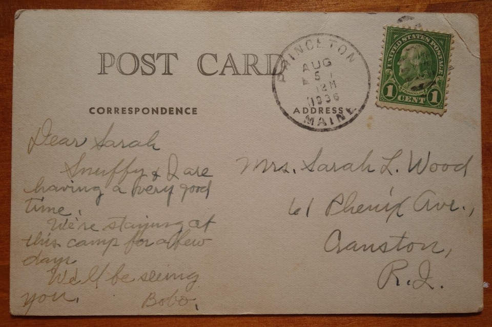 Smith's Camp, W. Musquash Lake, Waite, Maine real photo pmk 1936 Wash ...