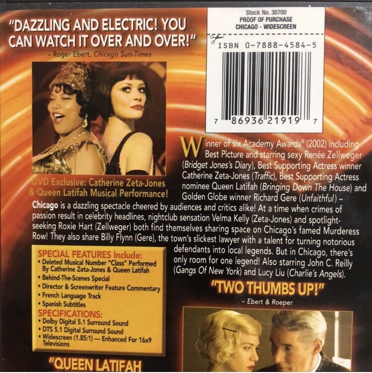 Chicago (DVD 2003 Widescreen) Renee Zellweger Catherine Zeta Jones ...