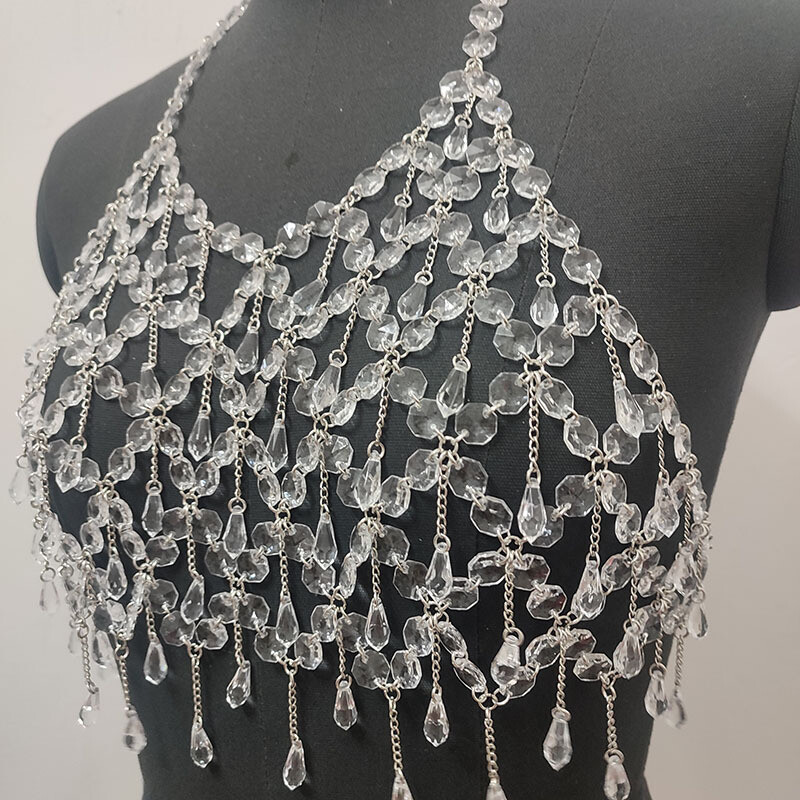 Womens Crystal Bralette Top Festival Rave Party Womens Metal Chain Body ...