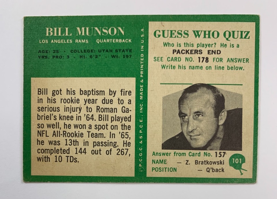 1966 Philadelphia Football #101 Bill Munson (Rams) 124E | eBay