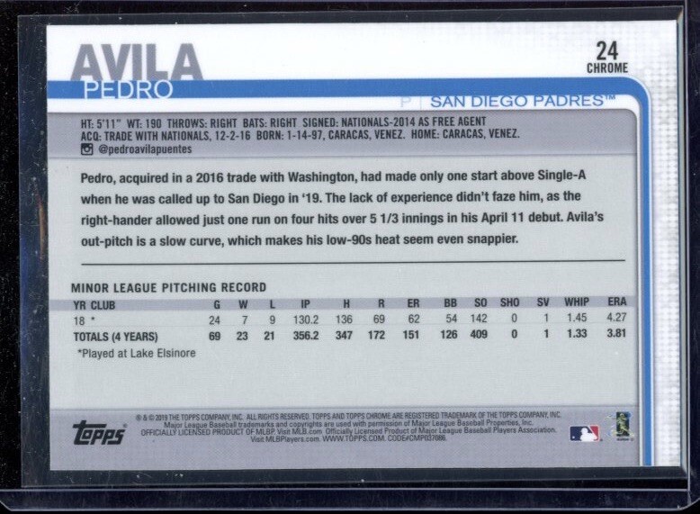 2019 Topps Chrome Pedro Avila Rookie RC #24 San Diego Padres | eBay